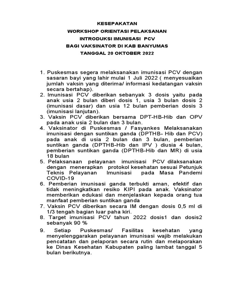 RTL Workshop Pelaksanaan Imunisasi PCV - 22 Okt 2022 | PDF