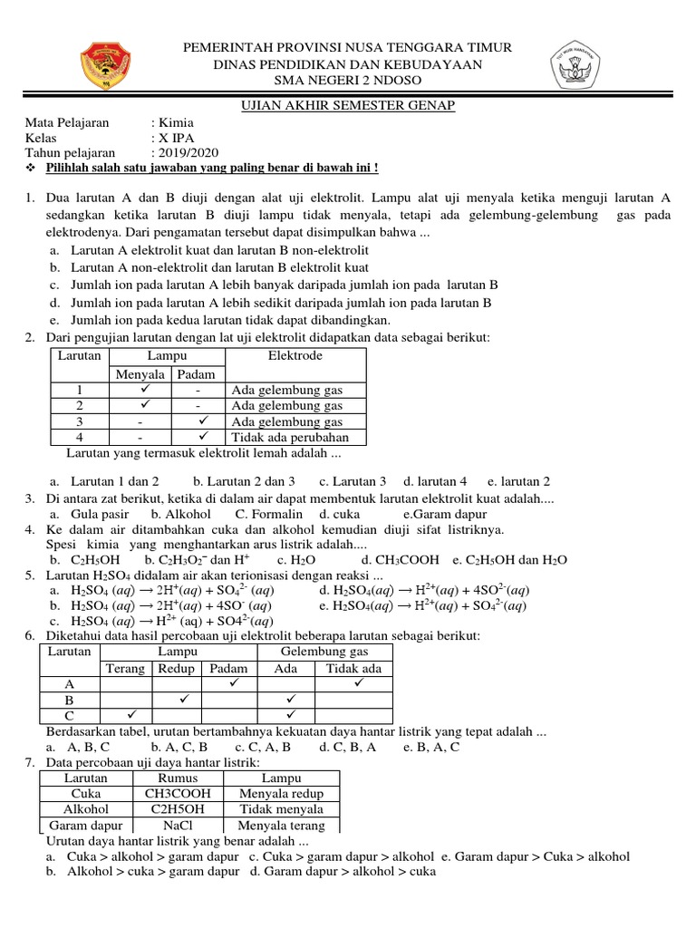 Soal Ujian Kimia Kelas X IPA Sem 2 | PDF