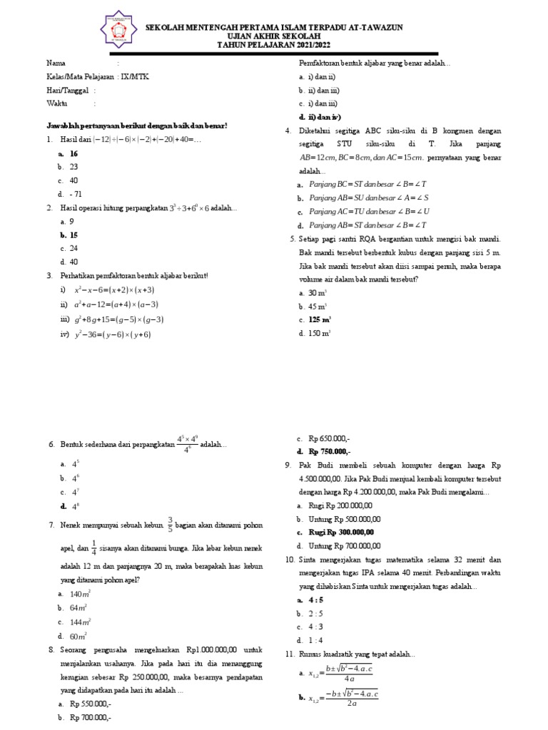 Ujian Akhir Sekolah Matematika Kelas Ix Fix | PDF