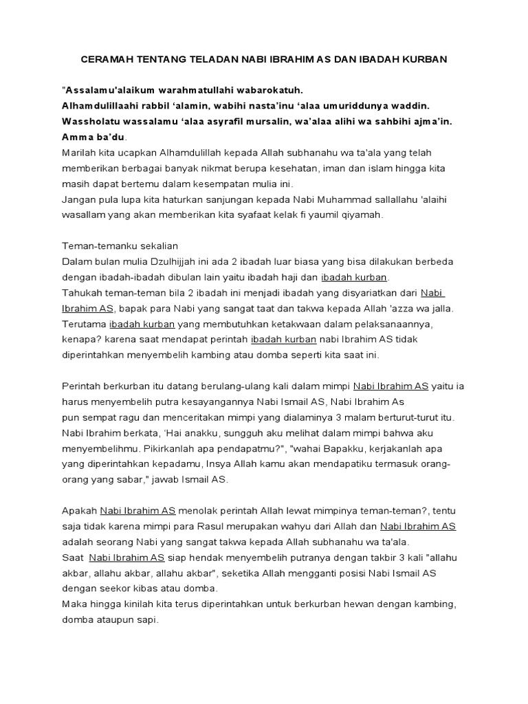 Ceramah Tentang Teladan Nabi Ibrahim As Dan Ibadah Kurban | PDF