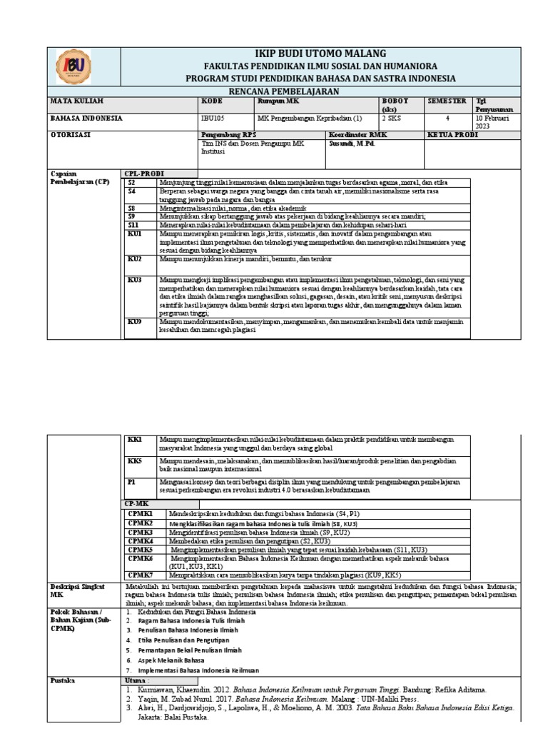 RPS MK Bahasa Indonesia Institusi | PDF