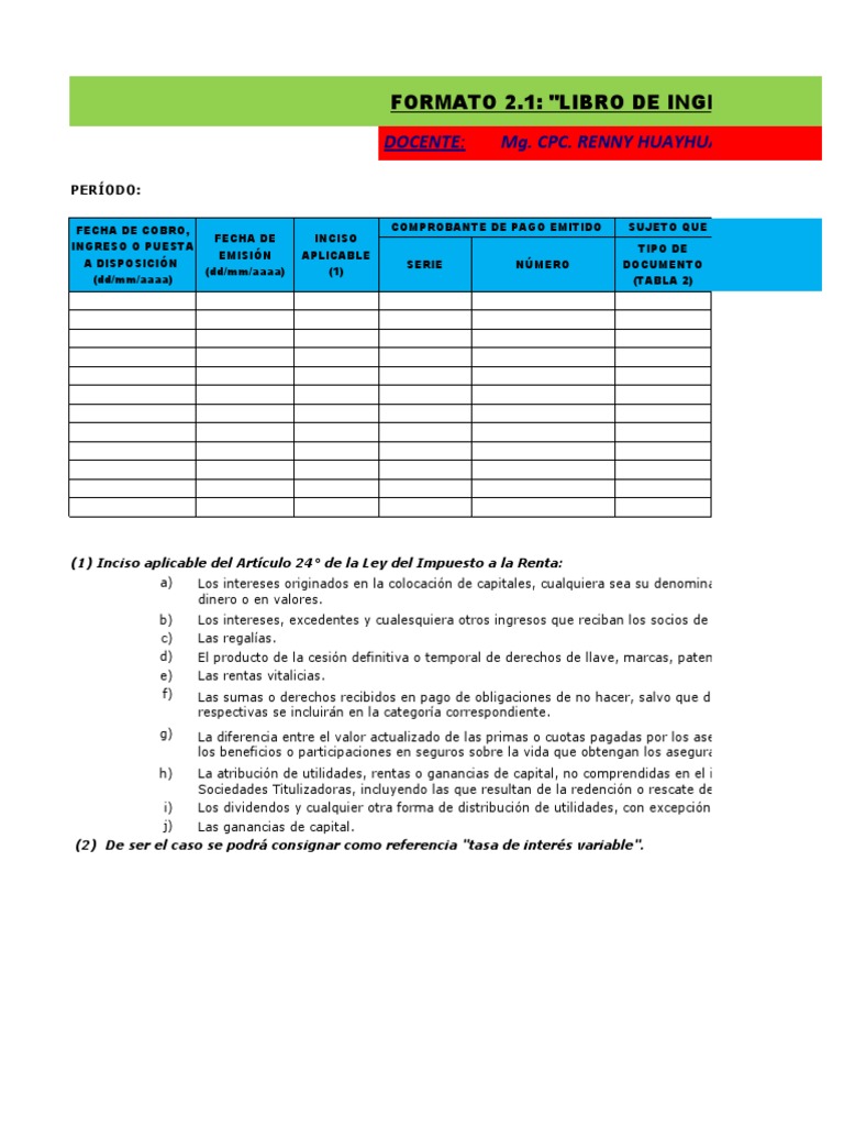 Formato 2.1 - Libro de Ingresos y Gastos - Rentas de Segunda Categoría | PDF | Pago de regalías ...