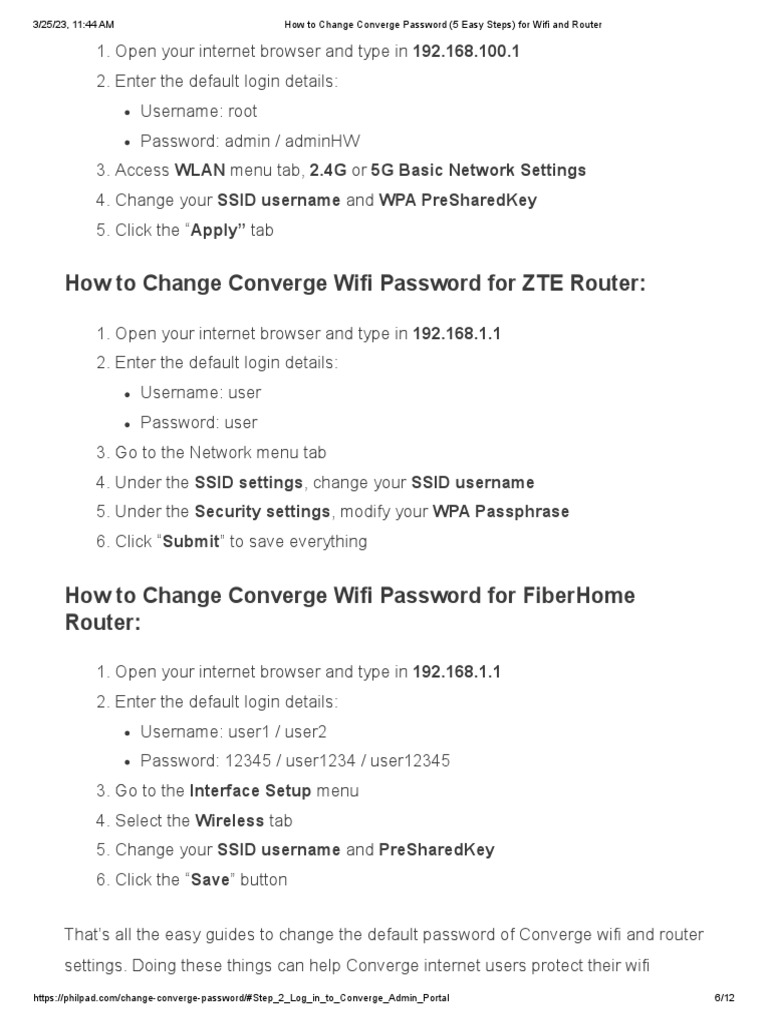 How To Change Converge Wifi Password For ZTE Router | PDF