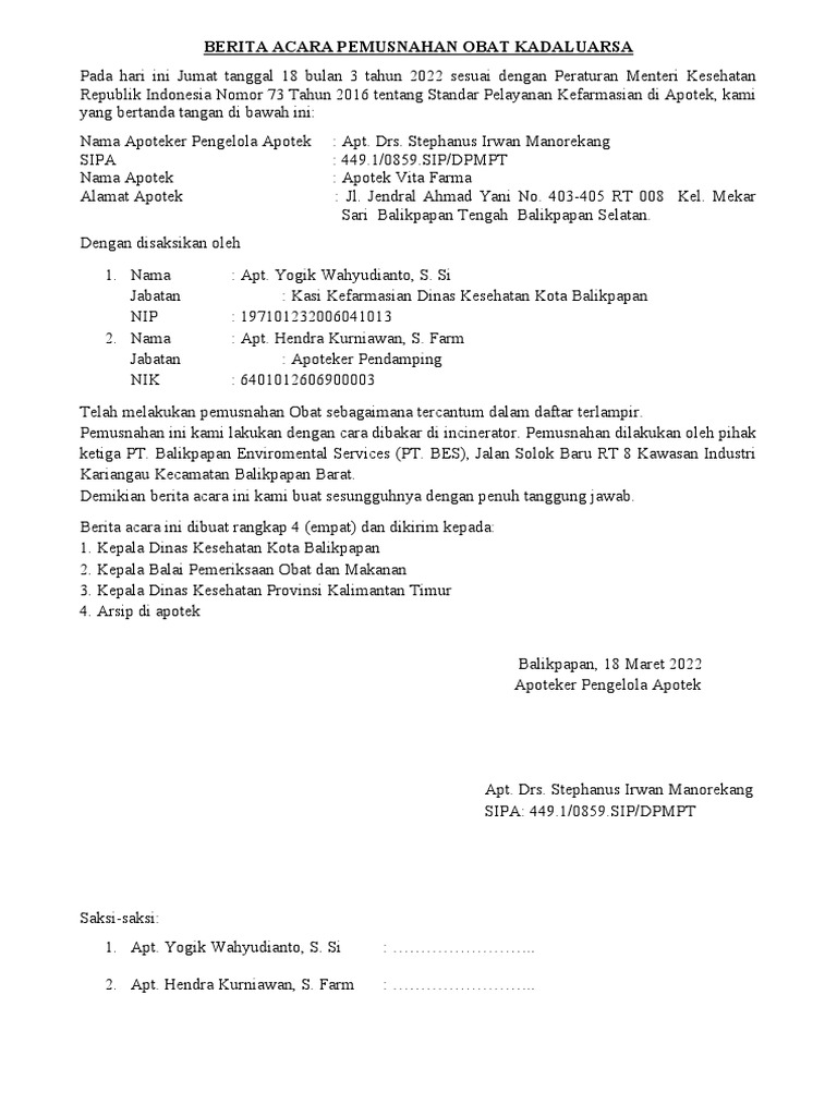 BERITA ACARA PEMUSNAHAN OB OBT OK OT Vitafarma | PDF