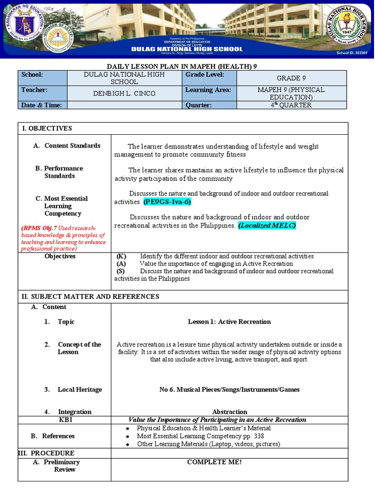 Lesson Plan in Grade 9 PE 4th Quarter | PDF | Learning | Curriculum