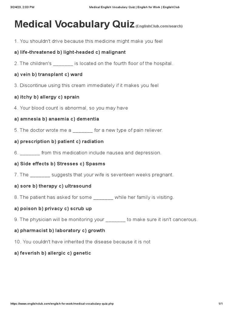 Medical English Vocabulary Quiz | PDF