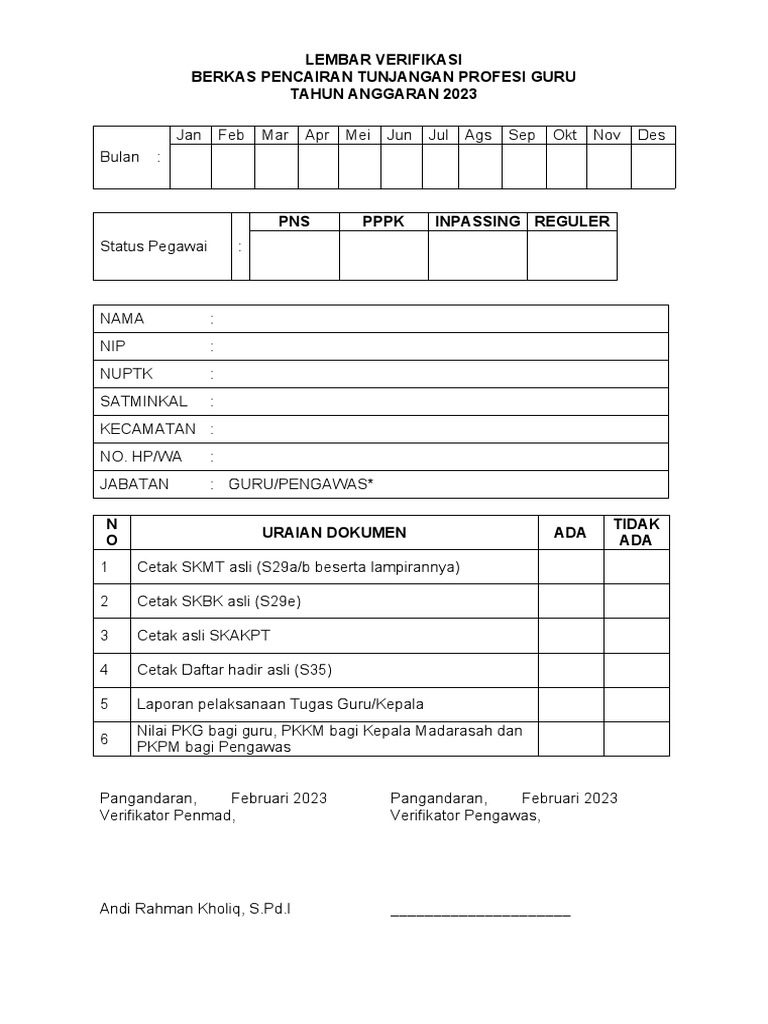 Lembar Verifikasi Berkas TPG | PDF