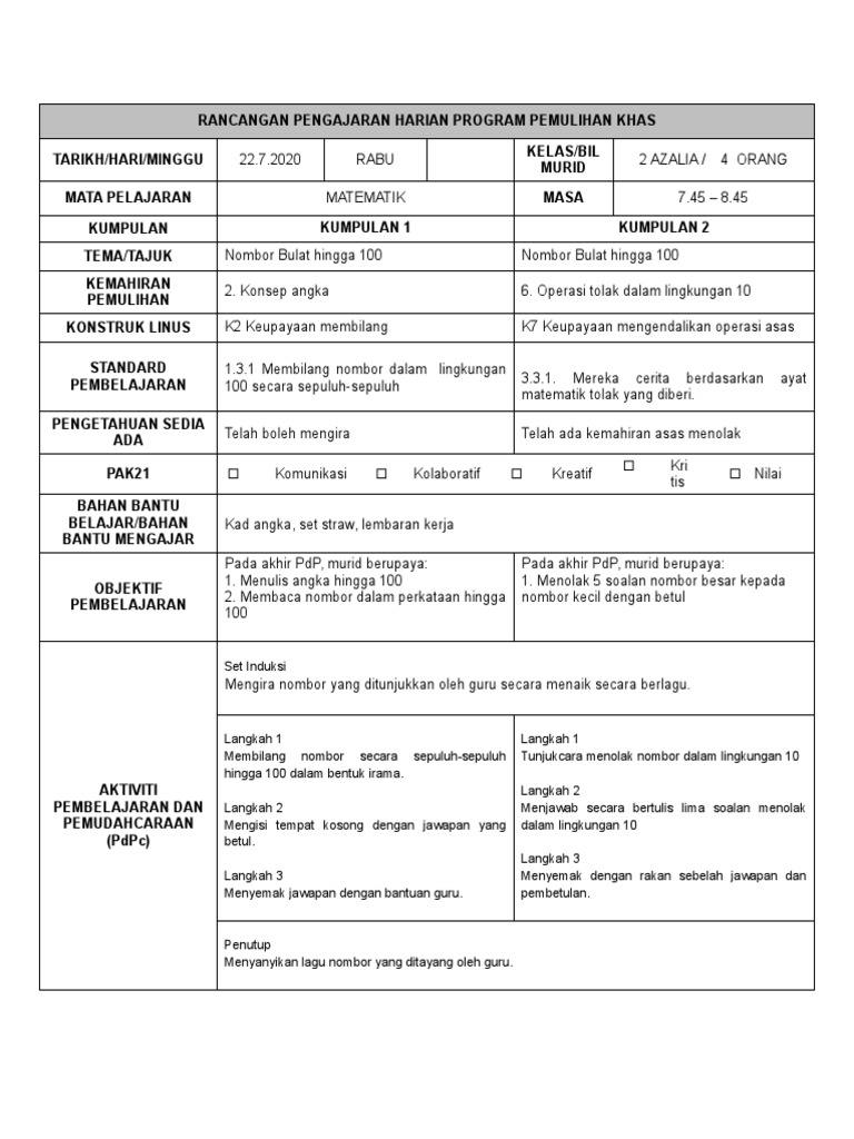 M3 Rancangan Pengajaran Harian Program Pemulihan Khas | PDF