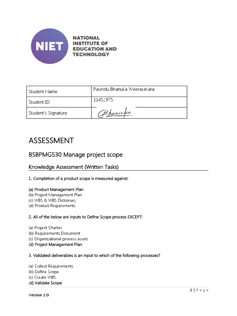 BSBPMG530 Manage Project Scope ASSESSMENT | PDF | Project Management ...