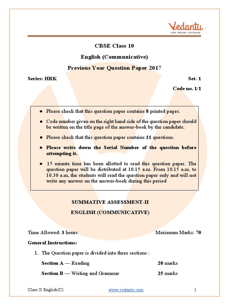 CBSE Class 10 English Communicative Question Paper 2017 PDF | PDF ...