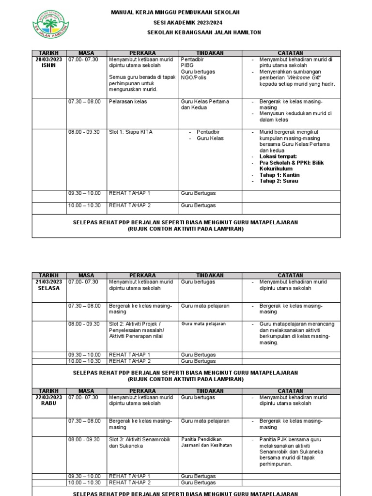 Manual Kerja Minggu Pembukaan Sekolah SKJH 2023 | PDF