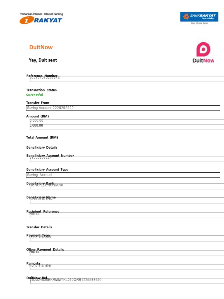 Successful DuitNow Fund Transfer Details | PDF | Business | Finance ...