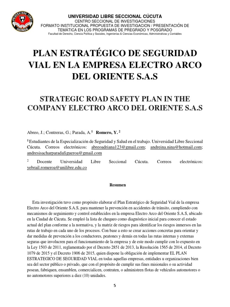 PLAN ESTRATÉGICO DE SEGURIDAD VIAL EN LA EMPRESA ELECTRO ARCO DEL ORIENTE S APA | PDF ...