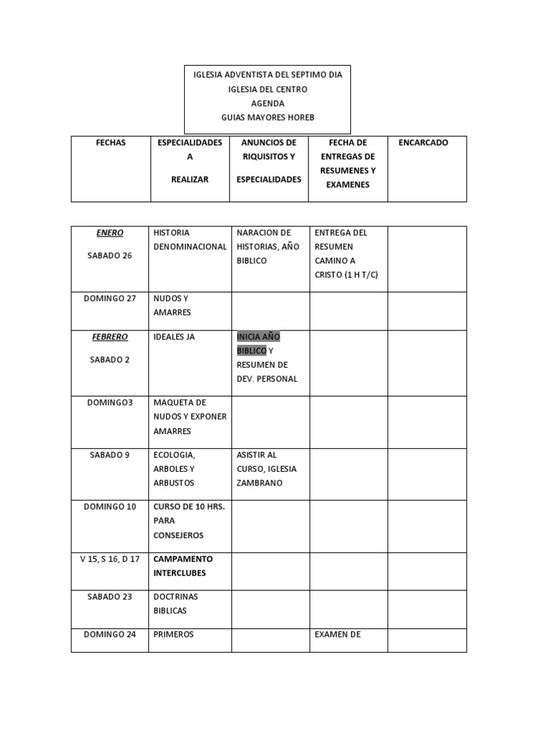 Agenda anual de actividades y cursos para guías mayores de la Iglesia Adventista del Séptimo Día ...