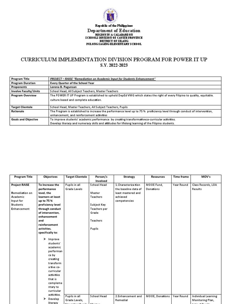 Work Plan Project Power It UP | PDF | Teachers | Curriculum