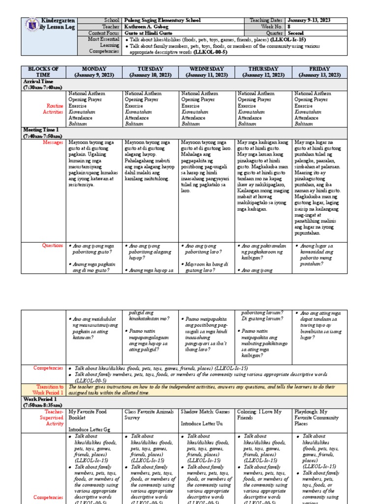 Kindergarten-DLL-MELC-Q2-Week 8 Asf | PDF