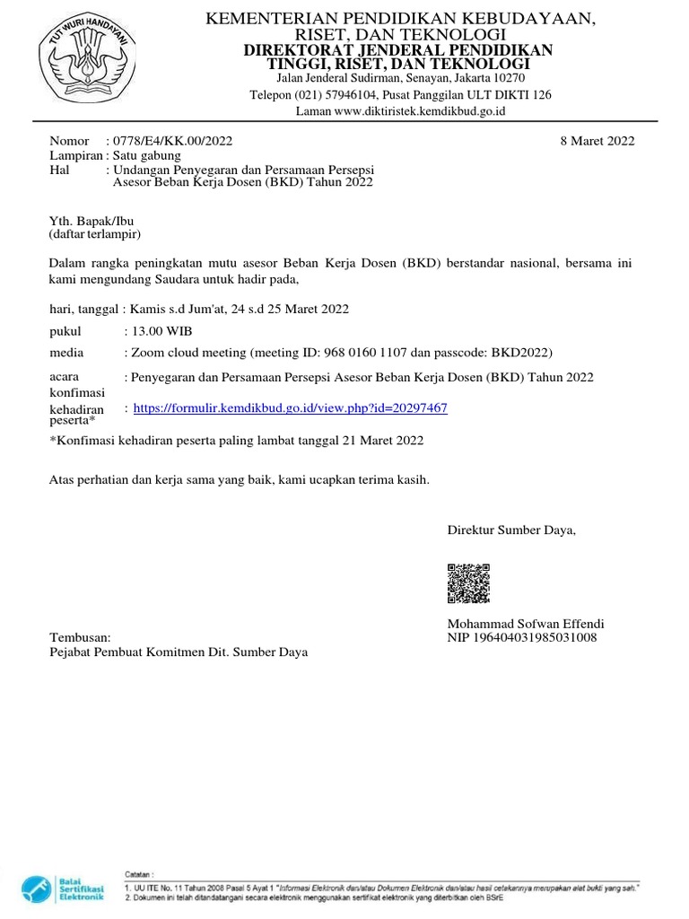 0778-E4-KK.00-2022 Undangan Penyegaran Dan Persamaan Persepsi Asesor Beban Kerja Dosen (BKD ...