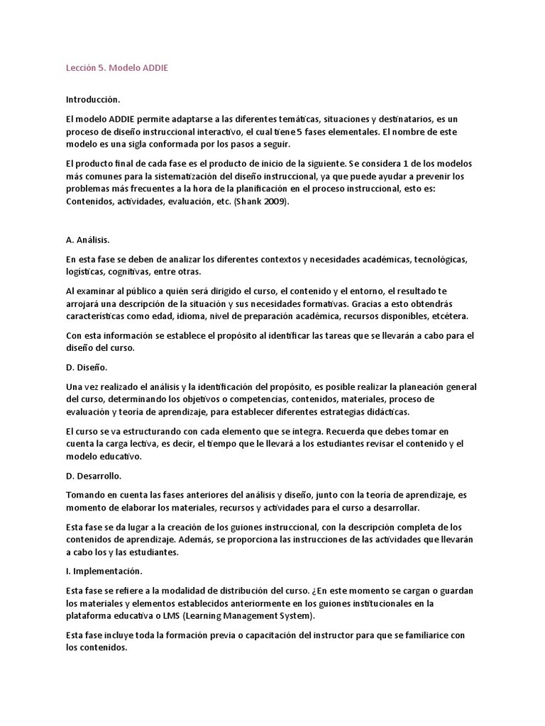 Lección 5. Modelo ADDIE | PDF | Diseño instruccional | Evaluación