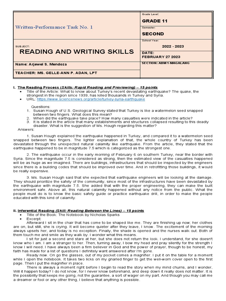 RAWS Written Performance Task No. 1 Template | PDF | Earthquakes