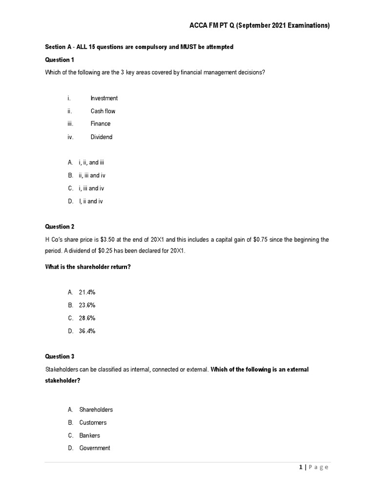 ACCA FM Exam Questions 2021 | PDF | Dividend | Equity (Finance)