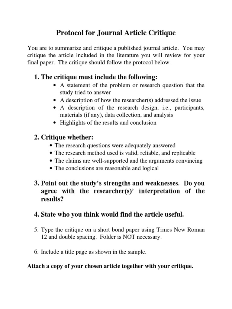 Protocol For Journal Article Critique | PDF