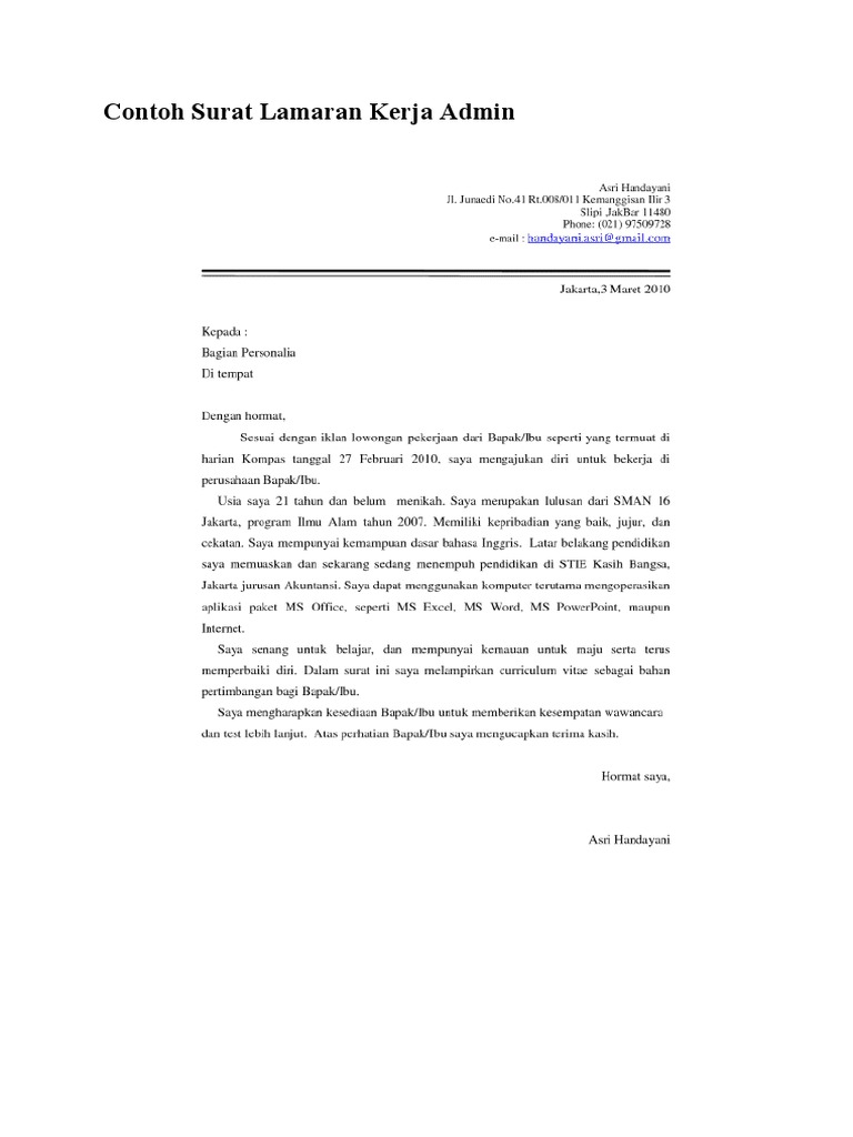 Contoh Surat Lamaran Kerja Admi4 | PDF
