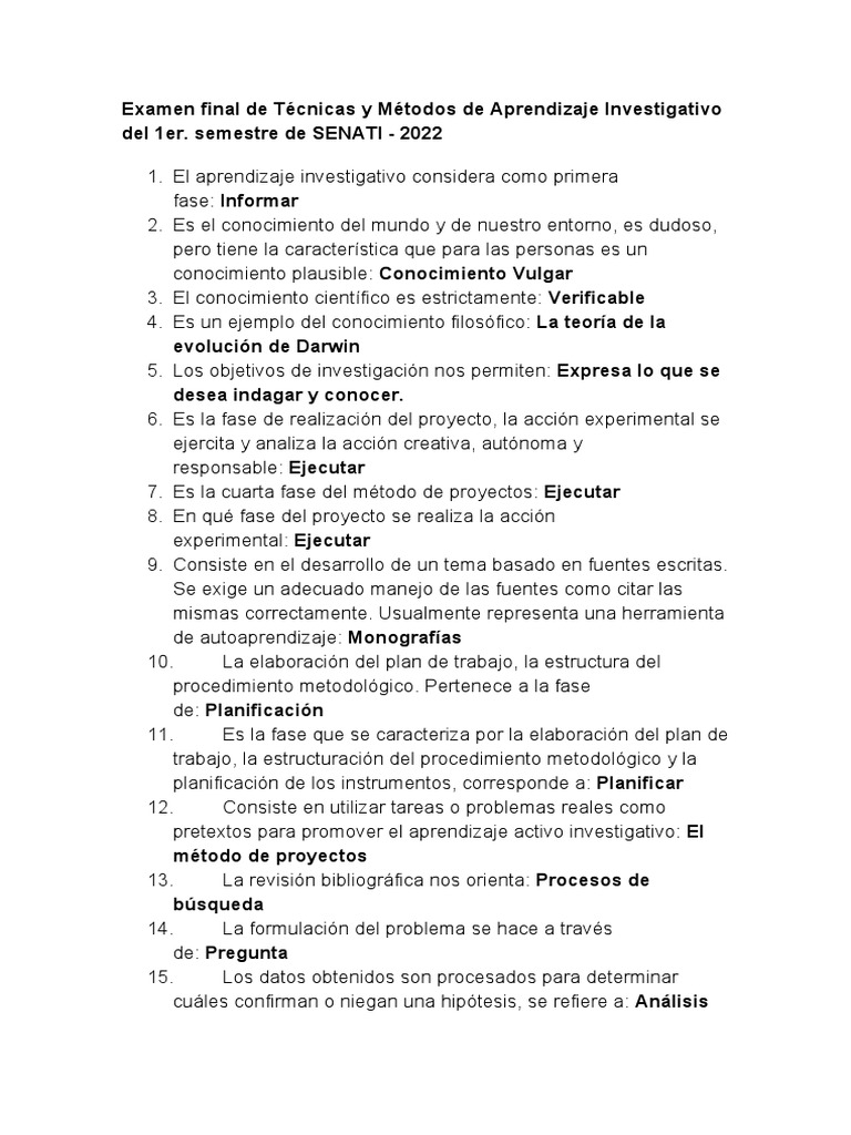 Examen Final de Técnicas y Métodos de Aprendizaje Investigativo Del 1er | PDF | Método ...