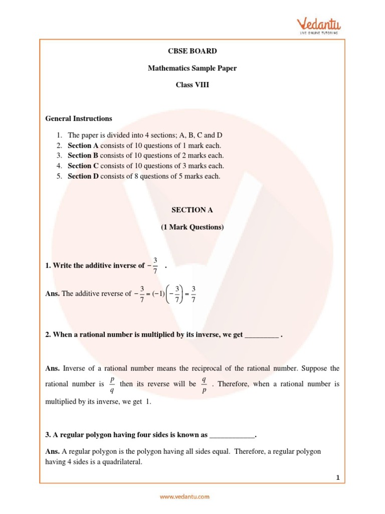 CBSE Class 8 Maths - Mock Paper-1 PDF | PDF | Area | Rectangle