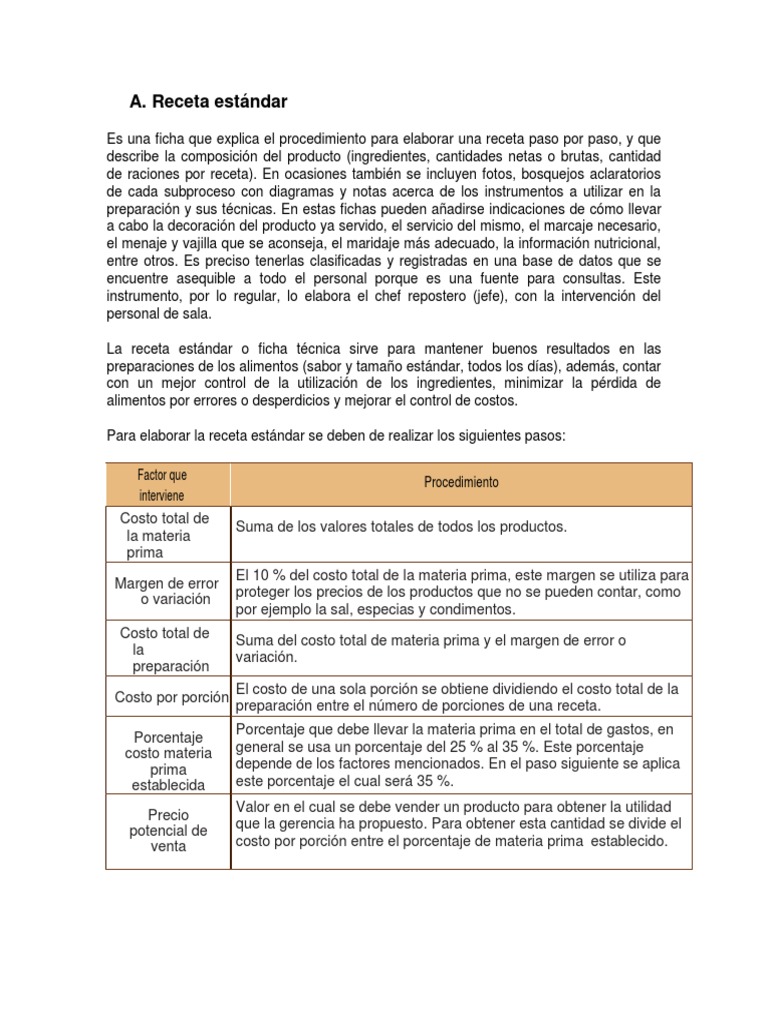 Receta Estándar: Guía Completa | PDF | Precios | Alimentos