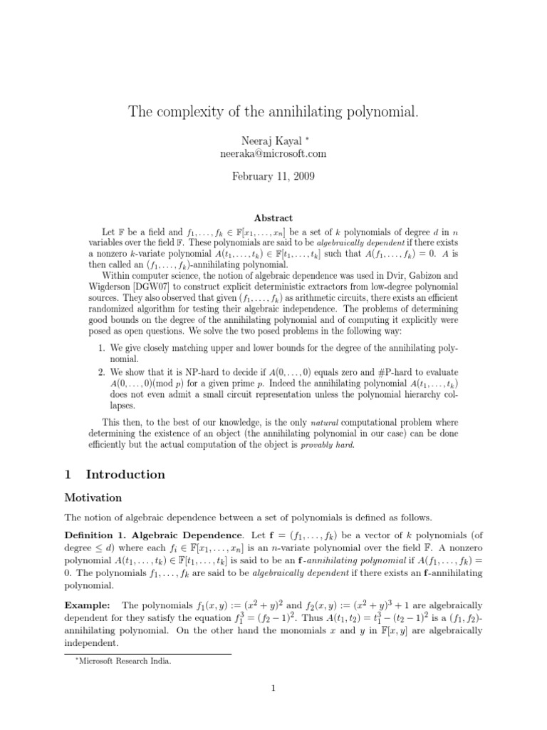 The Complexity of The Annihilating Polynomial. | PDF | Polynomial ... The Complexity of The Annihilating Polynomial. | PDF | Polynomial ...