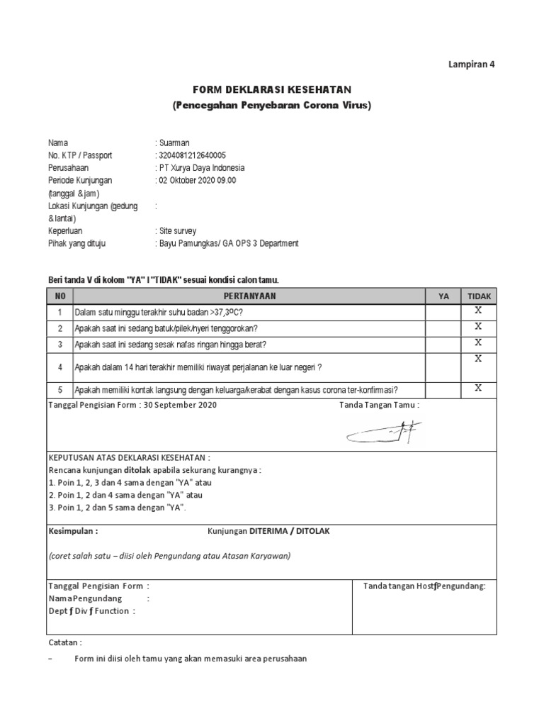 Suarman - Lamp 4 - Form Deklarasi Kesehatan Tamu - BHS Indonesia PDF | PDF