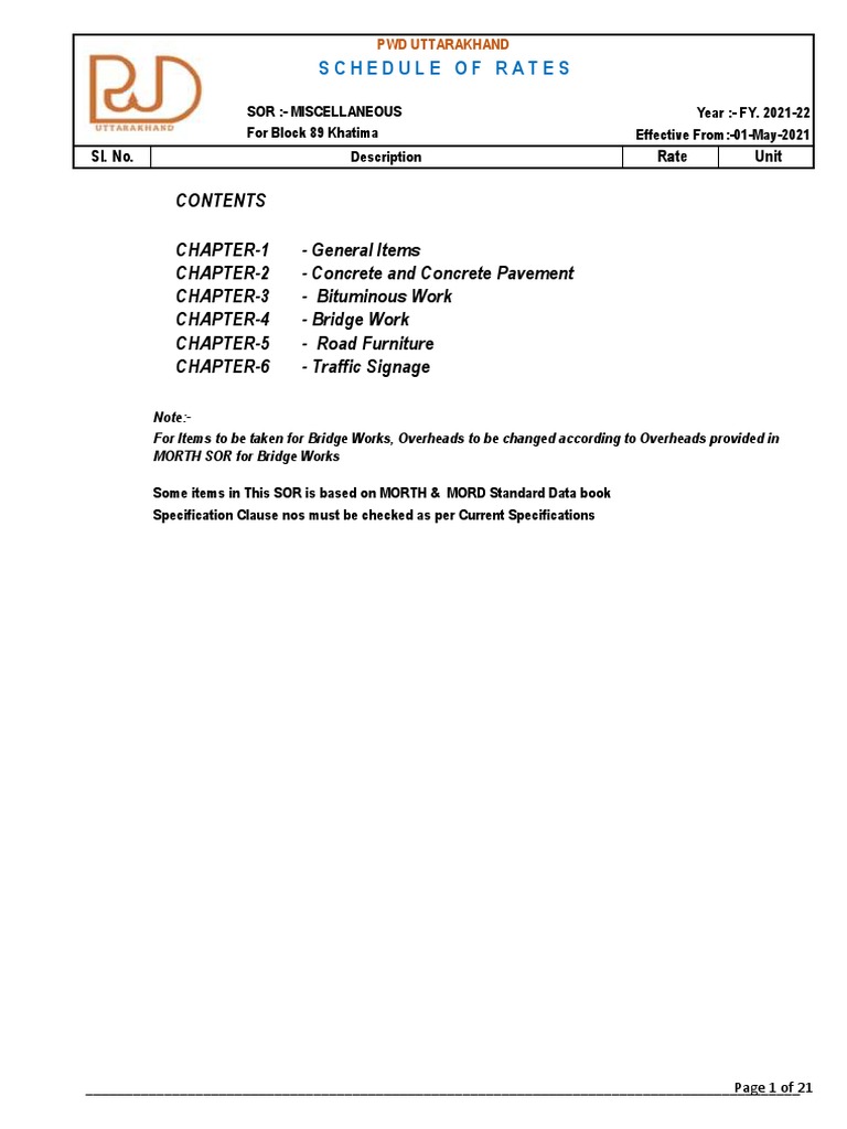 PWD Uttarakhand SOR 2021-22 Khatima | PDF | Asphalt | Concrete