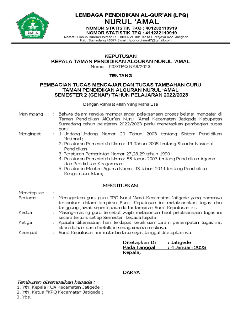 Contoh SK Pembagian Tugas Mengajar TPQ 2023 | PDF