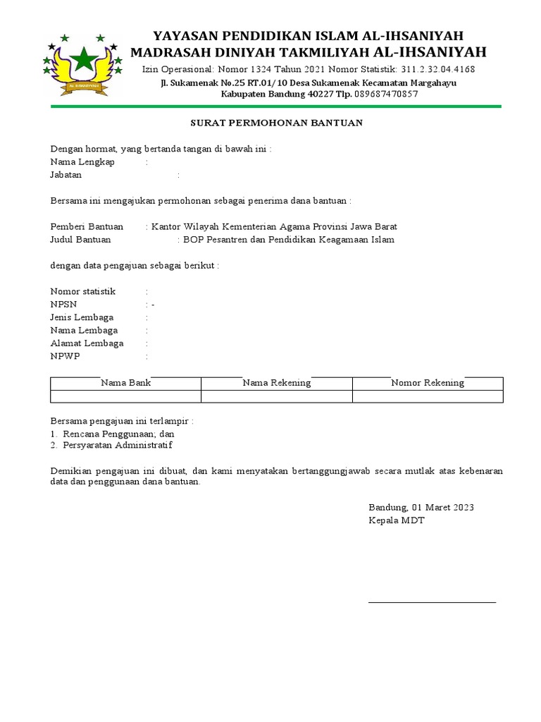 Contoh Surat Permohonan Bantuan | PDF