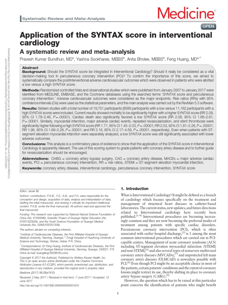 Application of The SYNTAX Score in Interventional.15 PDF | PDF ...