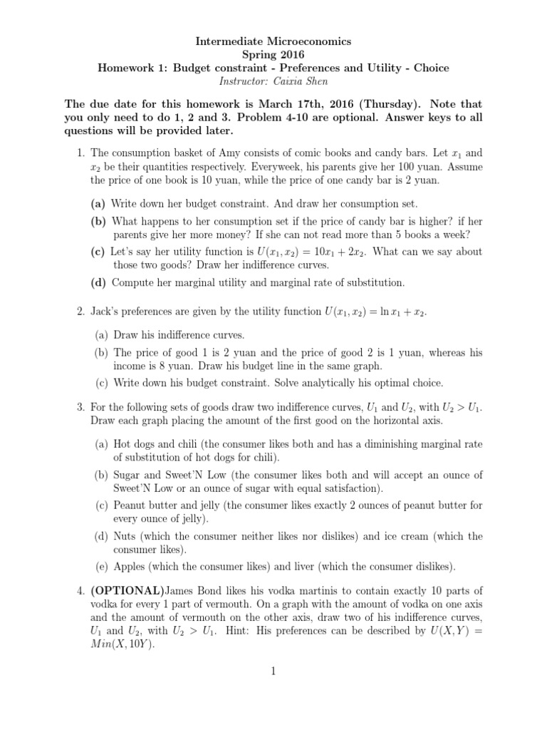 Intermediate Microeconomics Homework1 | PDF | Utility | Economic Theories