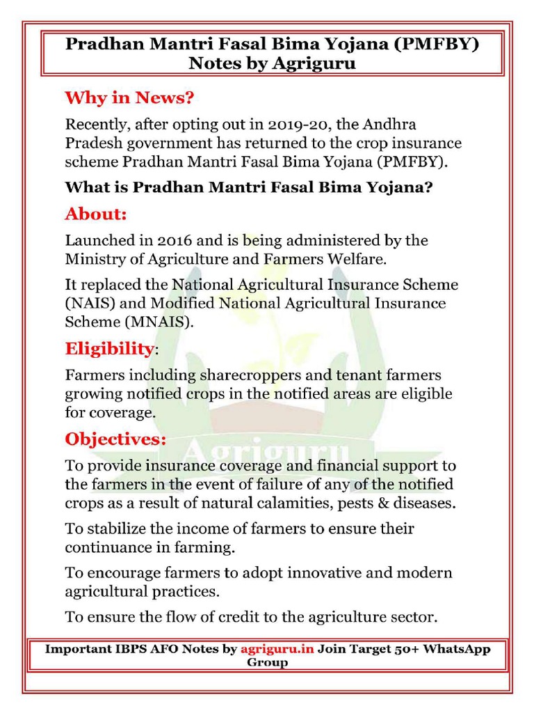 Pradhan Mantri Fasal Bima Yojana (PMFBY) Notes by Agriguru | PDF