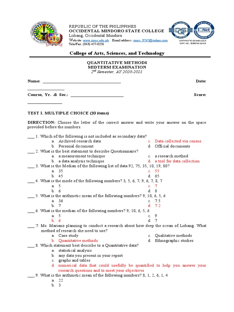 OMSC Quantitative Methods Midterm Exam | PDF | Quantitative Research ...