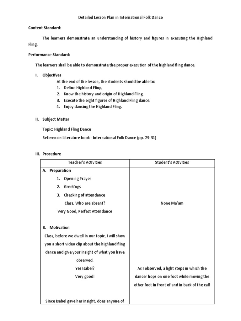 Detailed Lesson Plan in Highland Fling | PDF | Dances