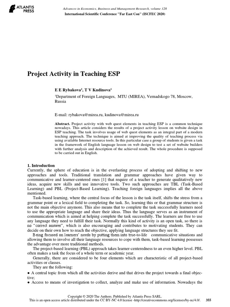 Project Activity in Teaching ESP: E E Rybakova, T V Kudinova | PDF | Learning | Project Based ...