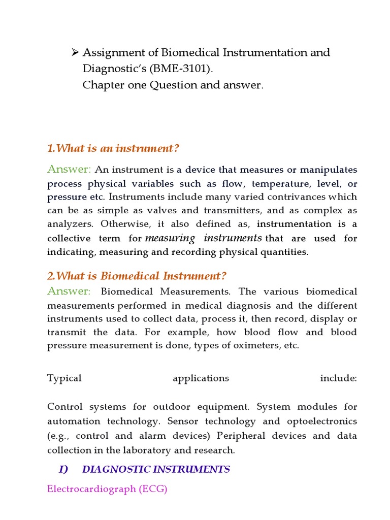 BME 3101 - Assignment of Chapter - 1 - Question Answer | PDF | Instrumentation | Medical Imaging