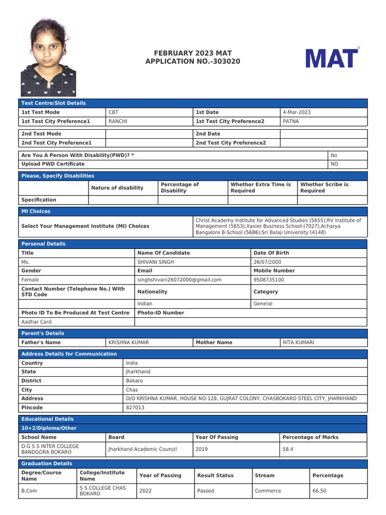 Application Form MAT | PDF
