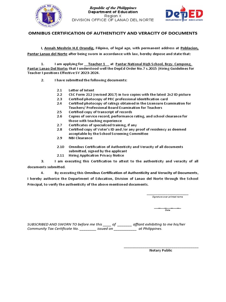 Application for Teacher 1 Position at Pantar National High School ...