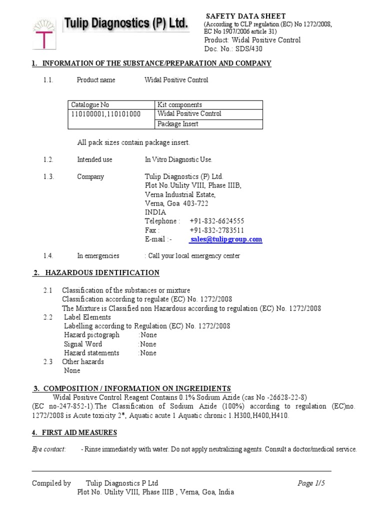 Widal Positive Control MSDS | PDF | Firefighting | Water