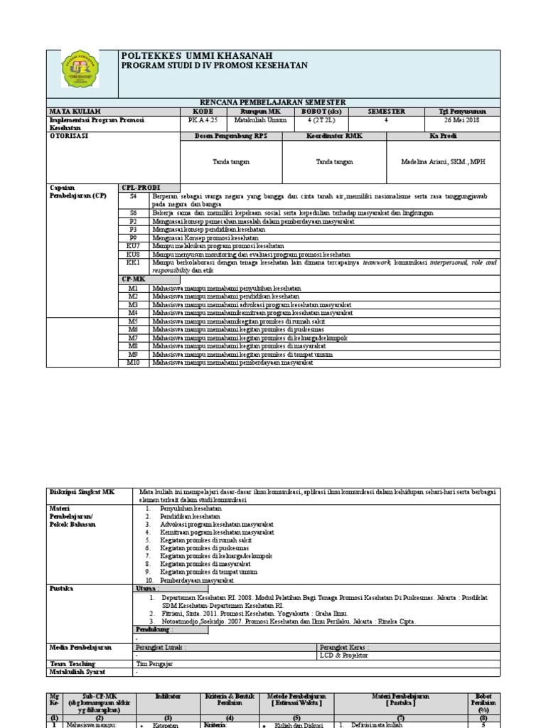 RPS Implementasi Program Promkes | PDF