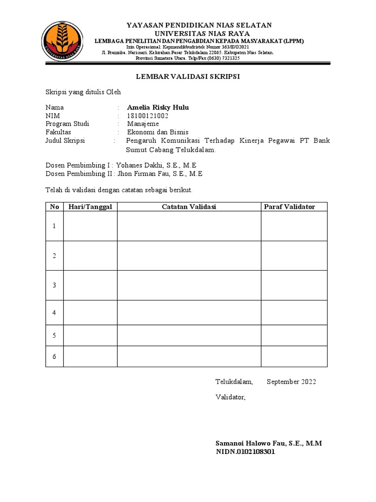 Lembar Validasi Skripsi | PDF