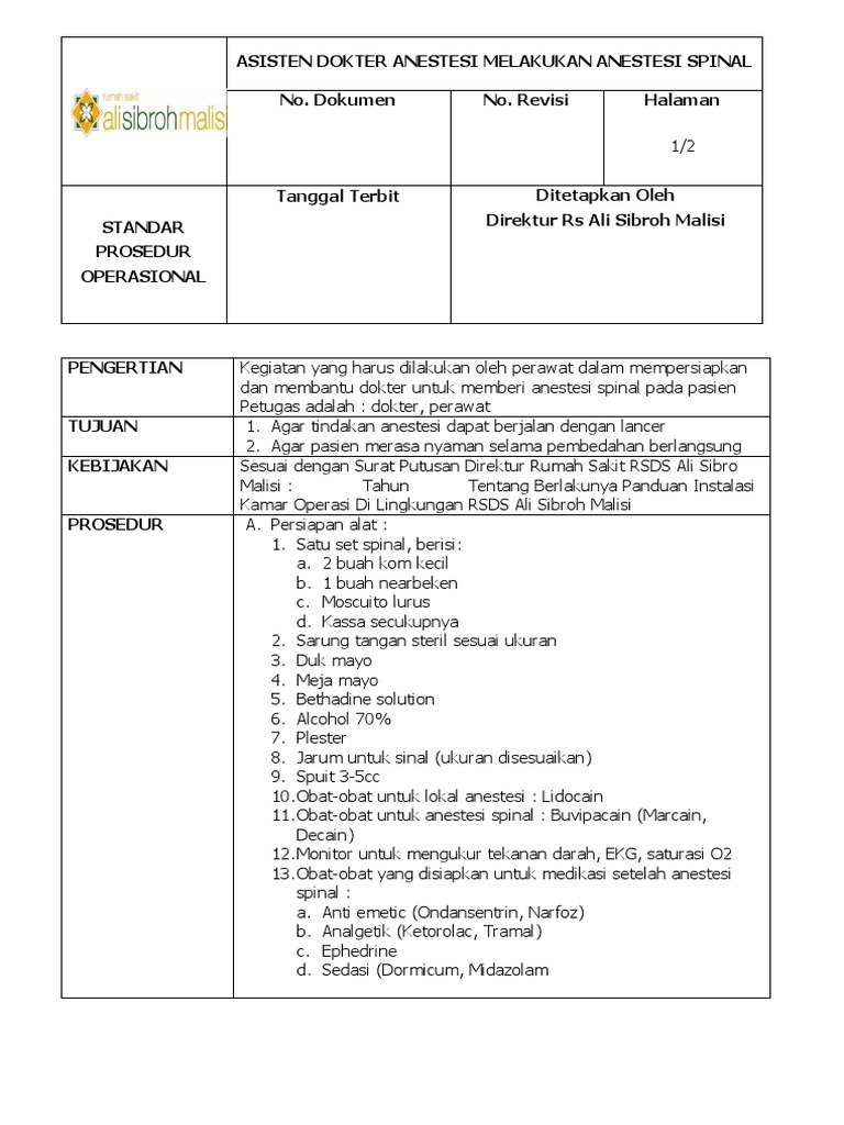 Prosedur Anestesi Spinal di RS | PDF