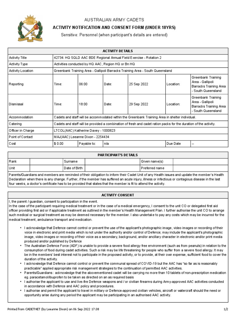 AFX Consent Form Rotation 2 Under 18 Years PDF Military
