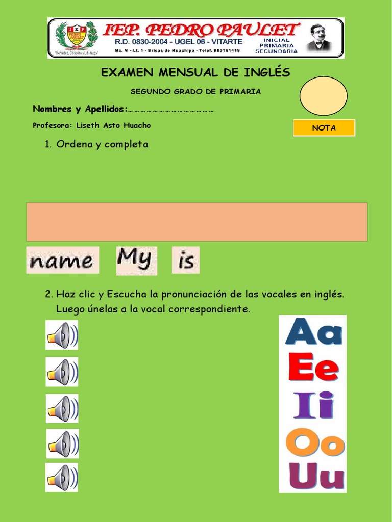 EXAMEN DE Ingles de Segundo Grado Terminado | PDF