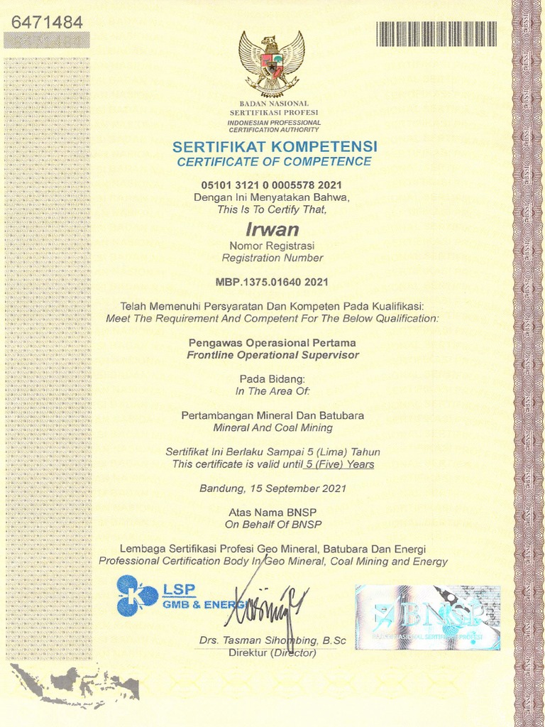 Sertifikat Tenaga Ahli CV .Bina Mitra Topoyo Atas Nama Syahril.R | PDF